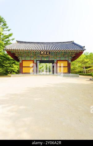 Ancient gate in Bulguksa temple, Gyeongju, South Korea. Landscape with ...