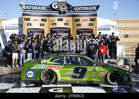 Driver Chase Elliott (9) celebrates in Victory Lane after winning a ...