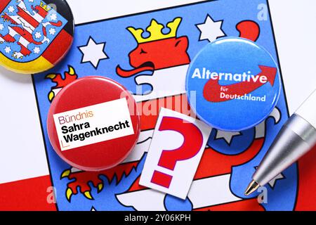 Party badge of AfD and BSW with question mark on the coat of arms of ...