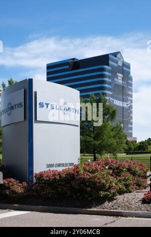 Stellantis sign outside the Chrysler Technology Center and World ...