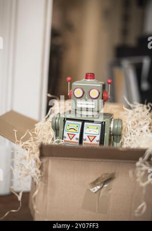 retro robots with gifts on a old wooden floor with reflection Stock ...