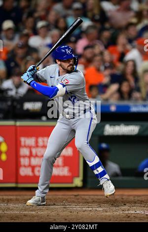 Kansas City Royals' Nick Loftin follows through on an RBI double ...