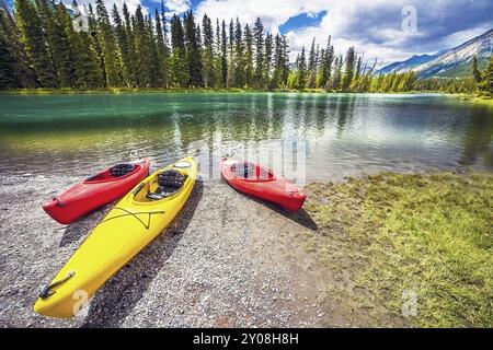 Canoes at the Bow River in Banff National Park Alberta Canada Stock ...