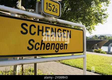 Road sign, Schengen lettering, Schengen, Canton of Remich, Luxembourg ...