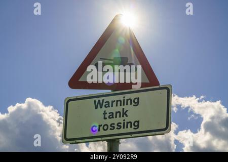 Tank crossing sign with warning lights of military vehicles, tanks ...