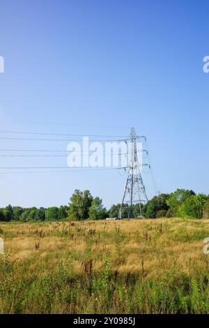 electrical tower in field under blue sky Stock Photo - Alamy