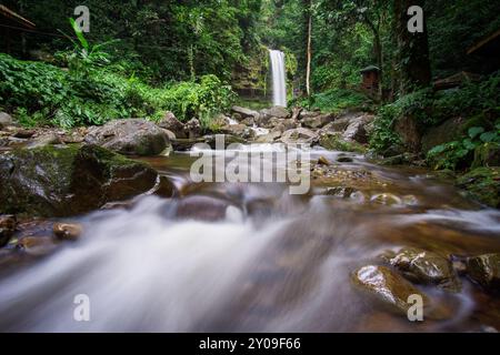 Serene Mahua Waterfall with smooth water flow and green surroundings ...
