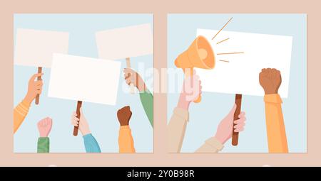 Diverse hands hold blank protest signs under a bold PROTEST Stock ...