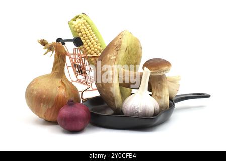 Seasoning still life with Boletus mushroom, garlic and fresh onions ...