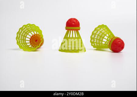 three shuttlecocks for playing crossminton on a white background Stock ...