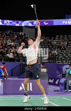 Daniel Bethell in action during the Badminton Men's SL3 gold medal ...