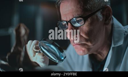 Senior archaeologist studies remains of prehistoric extinct animal or ...