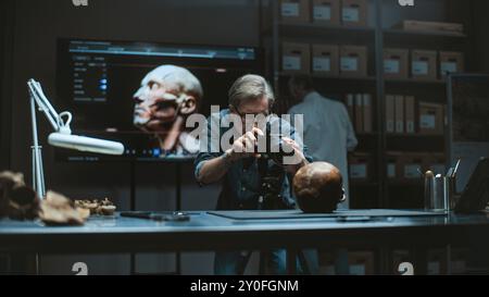 Mature archaeologist takes photo of fossil remains of prehistoric human ...