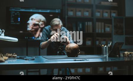 Mature archaeologist takes photo of fossil remains of prehistoric human ...