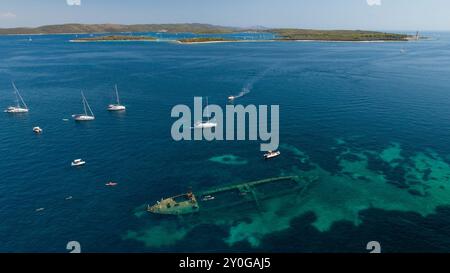 Aerial view of shipwreck Michelle near the island Dugi otok in Adriatic ...