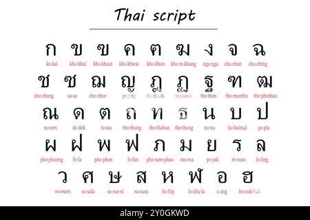 Thai alphabet chart featuring characters with English transliteration ...