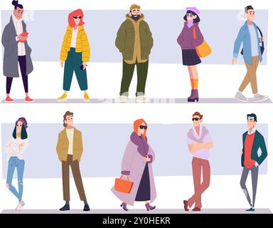 Young woman wearing trendy outfits. Female cartoon characters dressed ...