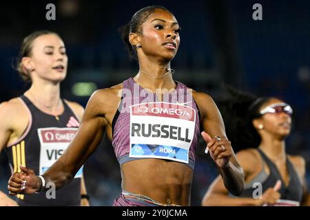 Masai Russell of United States of America gestures after competing in ...