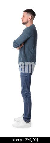 Man standing in queue on white background Stock Photo - Alamy