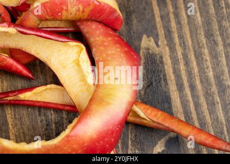 the flaccid peel of a peeled apple on the table, the peel of peeled ...