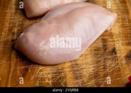 Freshly washed and skinned chicken meat, chicken fillets ready for ...