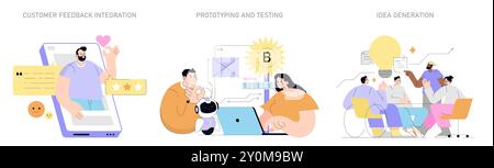 Product development set. Stages of prototyping, rigorous testing, and ...