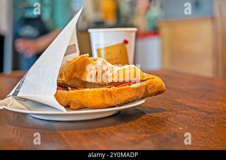 fresh hot croissant with peach and hot drink. Morning snack. Back to ...