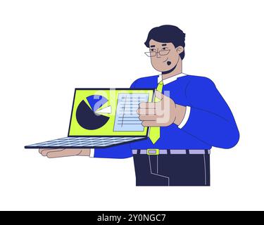 Male employee holding laptop pie chart black and white 2D line cartoon character Stock Vector ...
