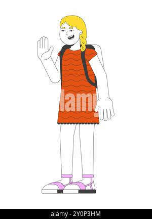Blonde caucasian schoolgirl hello waving black and white 2D line ...