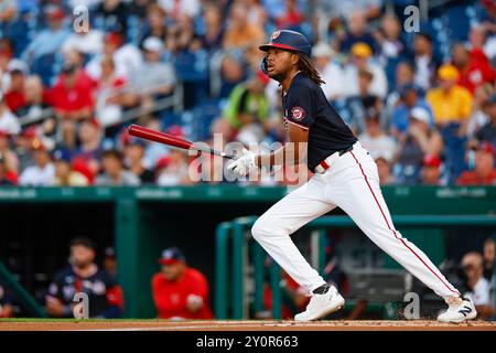 Washington Nationals' James Wood in action during a baseball game against the New York Mets ...