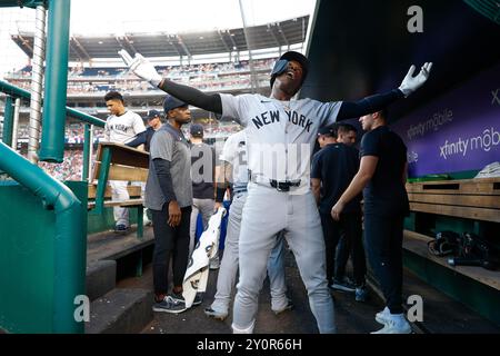 New York Yankees' Jazz Chisholm Jr. reacts after hitting a solo home run during the fourth ...