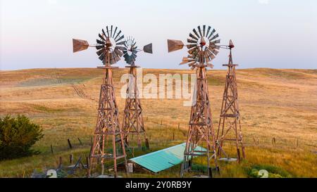 Aerial photograph of the famous Watson Ranch Windmills on clear summer ...