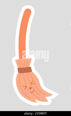 Cute broom in kawaii style, children magic element, vector illustration ...