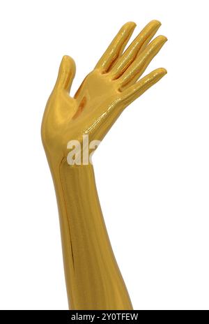 3D rendering of golden metal female hands sculpture. Shiny metallic ...