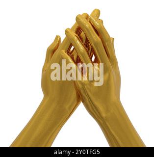 3D rendering of golden metal female hands sculpture. Shiny metallic ...