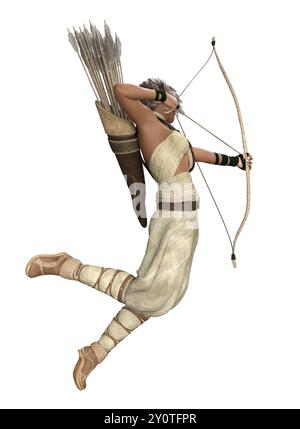Full body render of a fantasy female huntress. Ranger archer aiming at ...