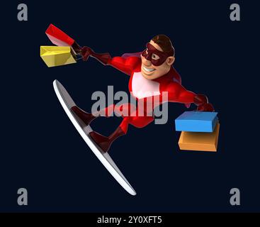 Fun 3D cartoon superhero surfing and shopping Stock Photo - Alamy