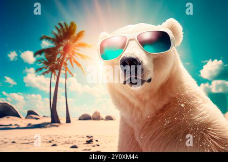 Polar bear with sunglasses on tropical sandy beach with palm trees ...
