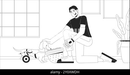 Disabled asian man feeding wheelchaired dog from hat cartoon flat ...