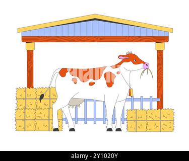 Cow eating hay in barn black and white flat line illustration Stock ...