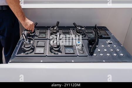 The ship's control panel with joysticks and buttons and the navigator's ...
