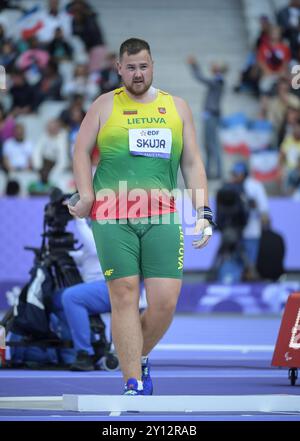 Andrius Skuja of Lithuania competing in the men’s F46 shot put final at ...