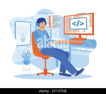 young man programmer developing computer program cartoon vector Stock ...