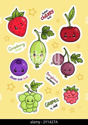 Ripe strawberry cute cartoon stickers pins patches. Whole red berries ...