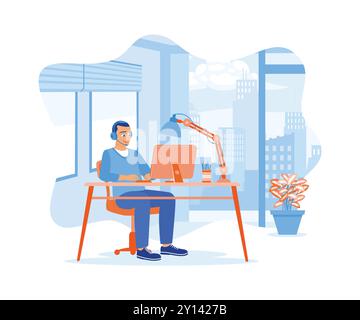 Man working on computer while wearing virtual reality headset isometric ...