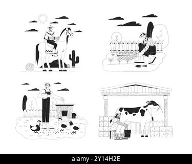 Farm activities black and white set with cute kids farmers. Coloring ...