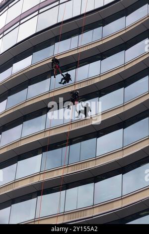 Abseiling rope access technicians at work on the clock tower of St ...