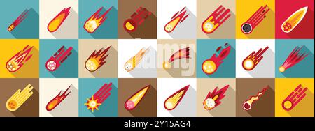 Set of meteors and comet with different colors and shapes flat vector ...