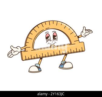 Cartoon groovy school ruler character. Isolated vector retro protractor ...