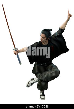 3D rendering of an Asian modern samurai crouching isolated on white ...